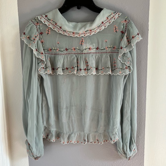 Zara | Tops | Zara Sage Embroidered Ruffle Blouse | Poshmark